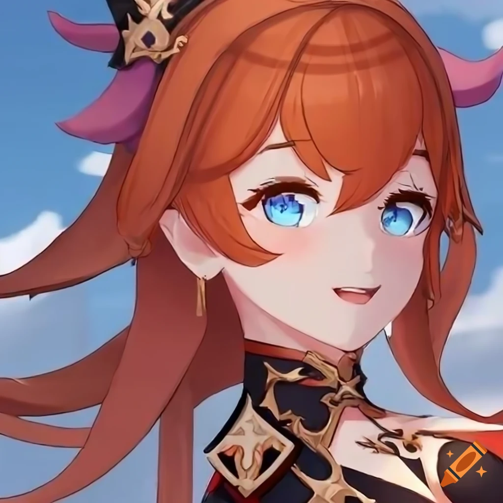 Character from Genshin Impact with light blue eyes and ginger red hair ...