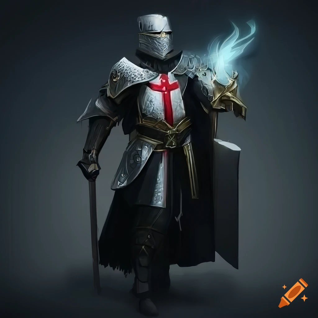 Digital painting of a golden-armored Templar knight on Craiyon