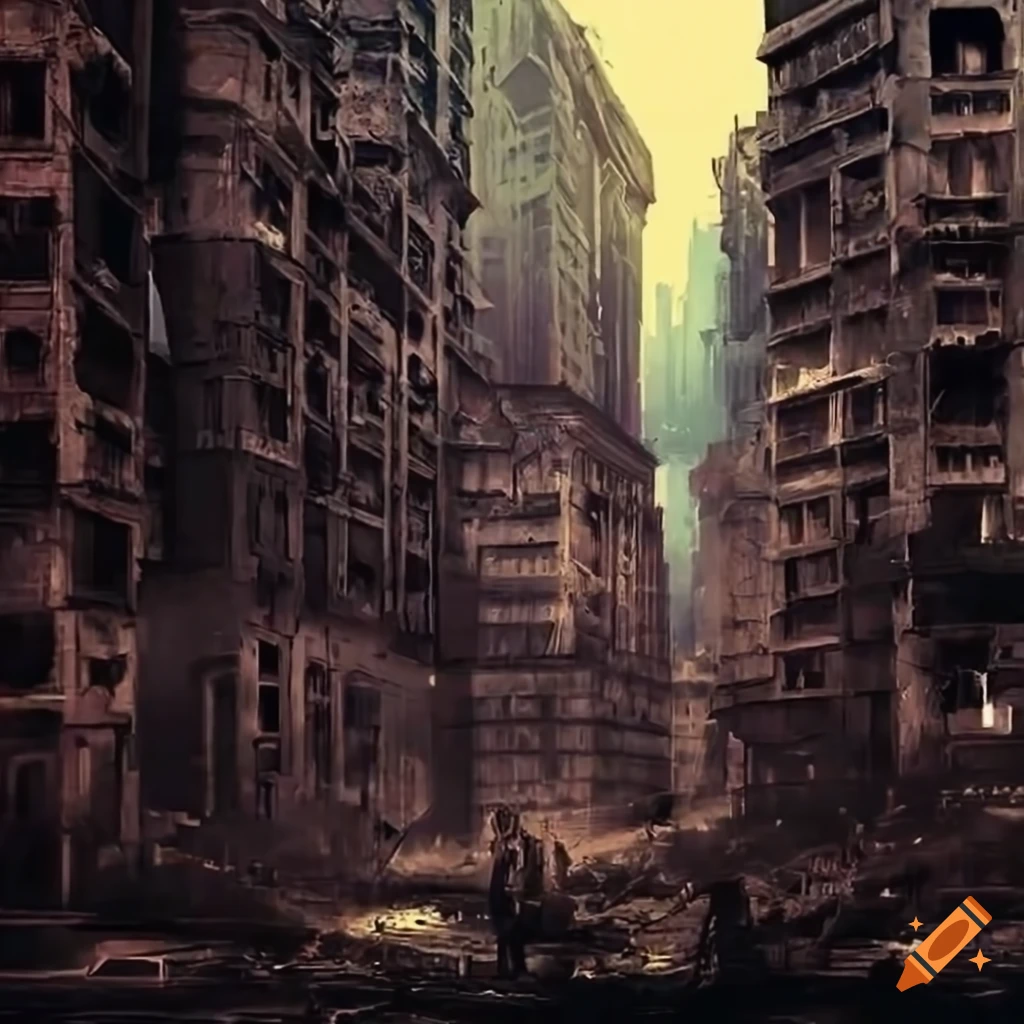 Ultra detailed cityscape with destroyed buildings on Craiyon