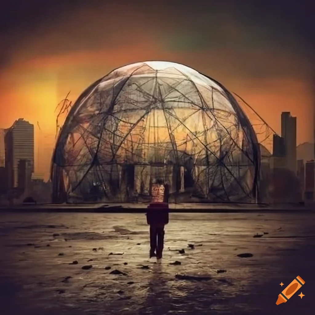 Post apocalyptic billboard with glass dome in distance on Craiyon