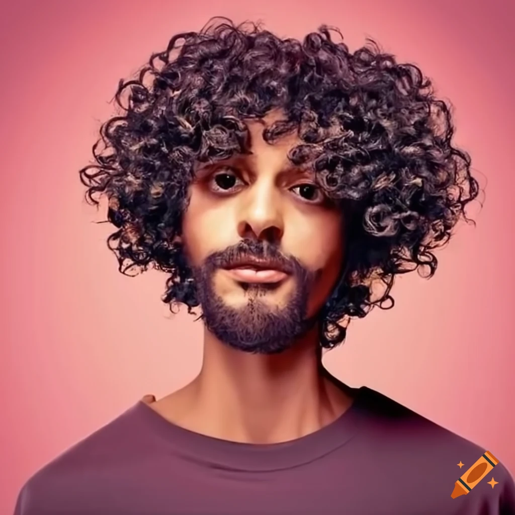 Portrait of a man with curly hair and heart-shaped face on Craiyon