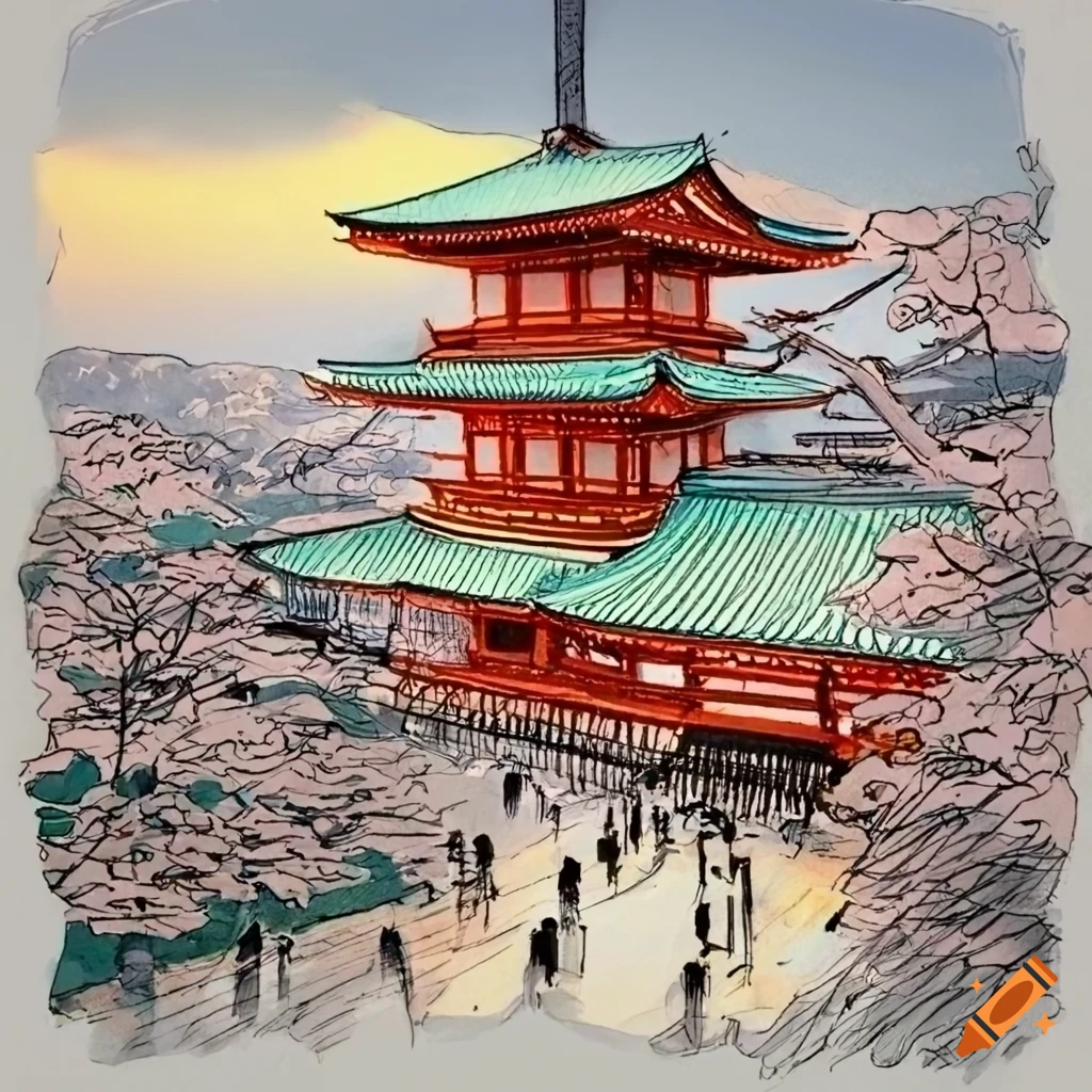 Sketch of Kyoto's iconic landmarks on Craiyon