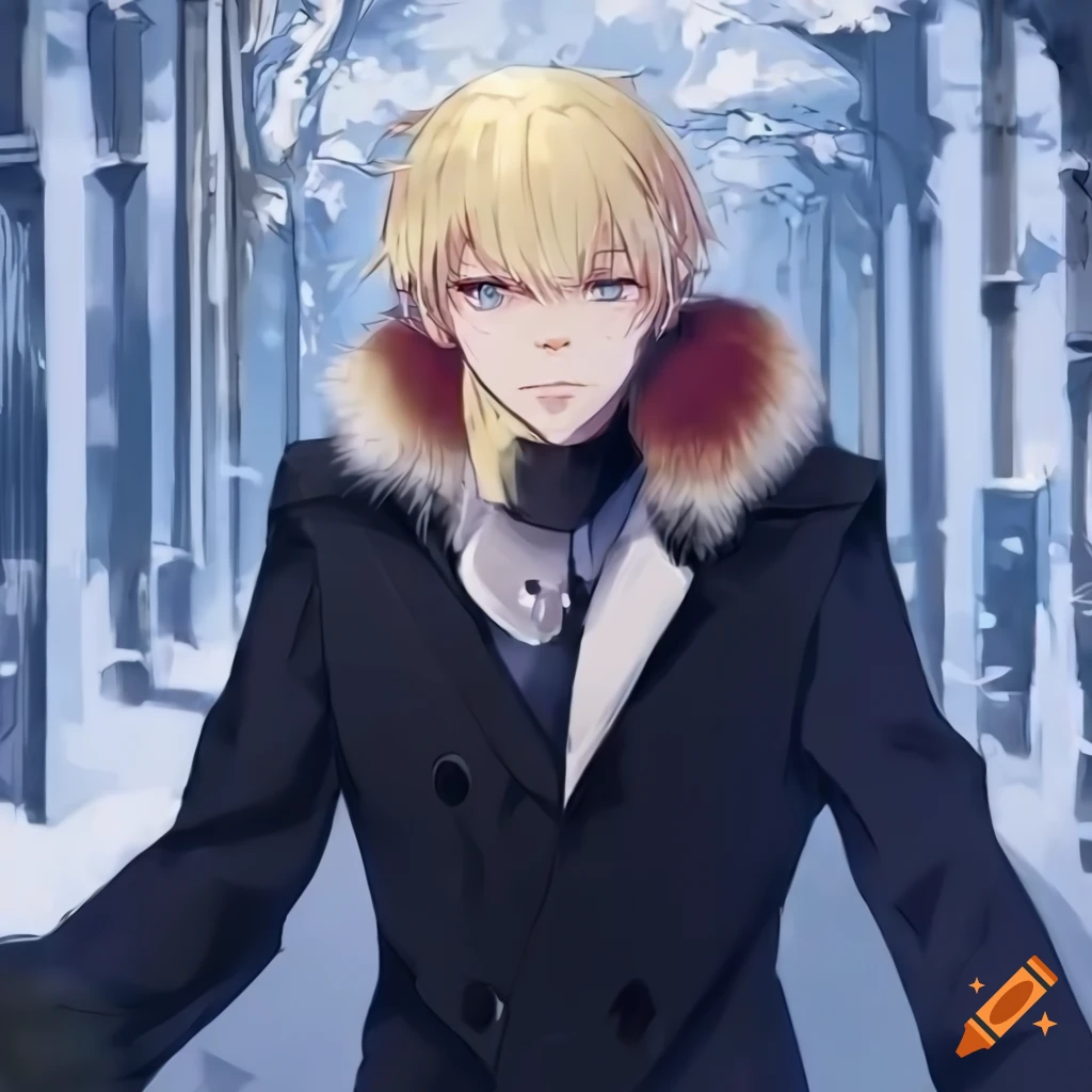 Anime male character in stylish winter attire on Craiyon