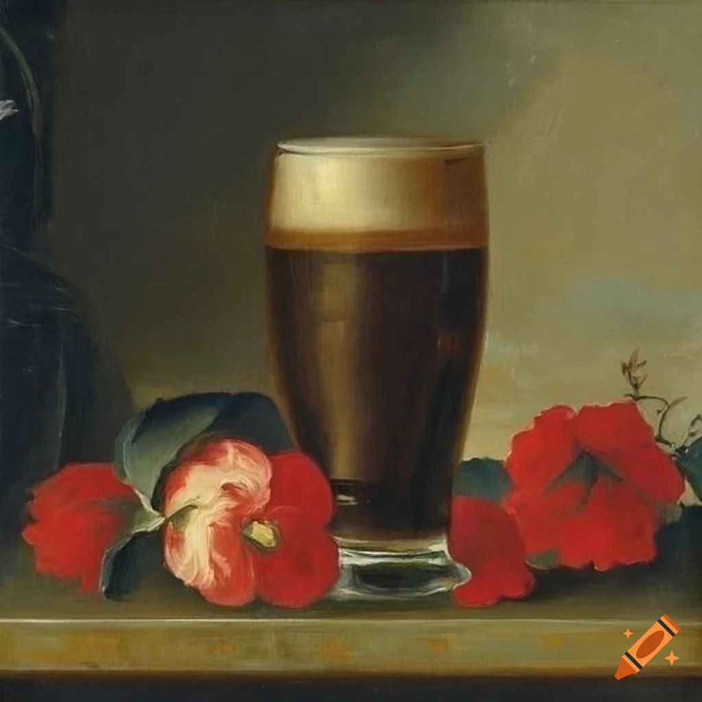 Dutch master still life painting of red flowers and a pint of stout on ...