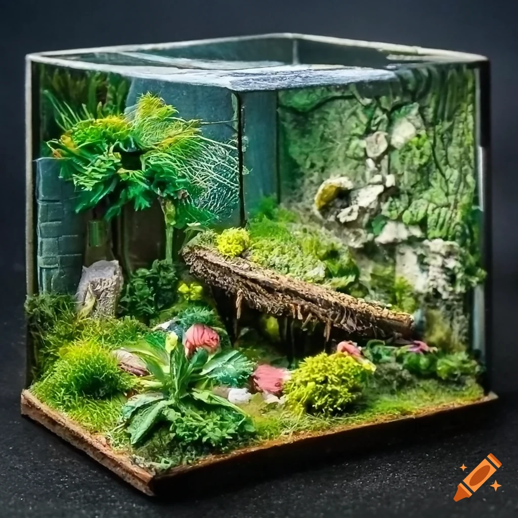Miniature jungle diorama with a small lake on Craiyon