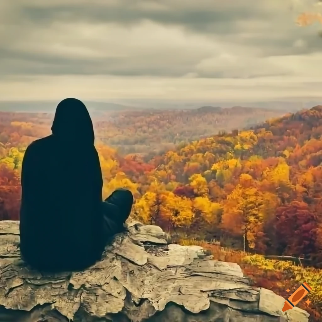 Person Contemplating On A Mountain With Autumn Leaves On Craiyon
