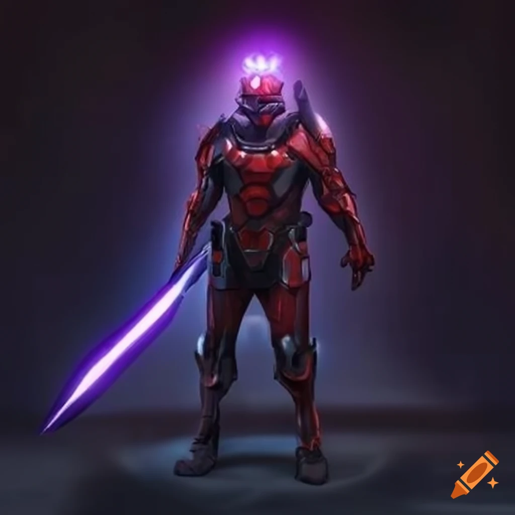Red sci-fi armor with a purple glowing sword on Craiyon