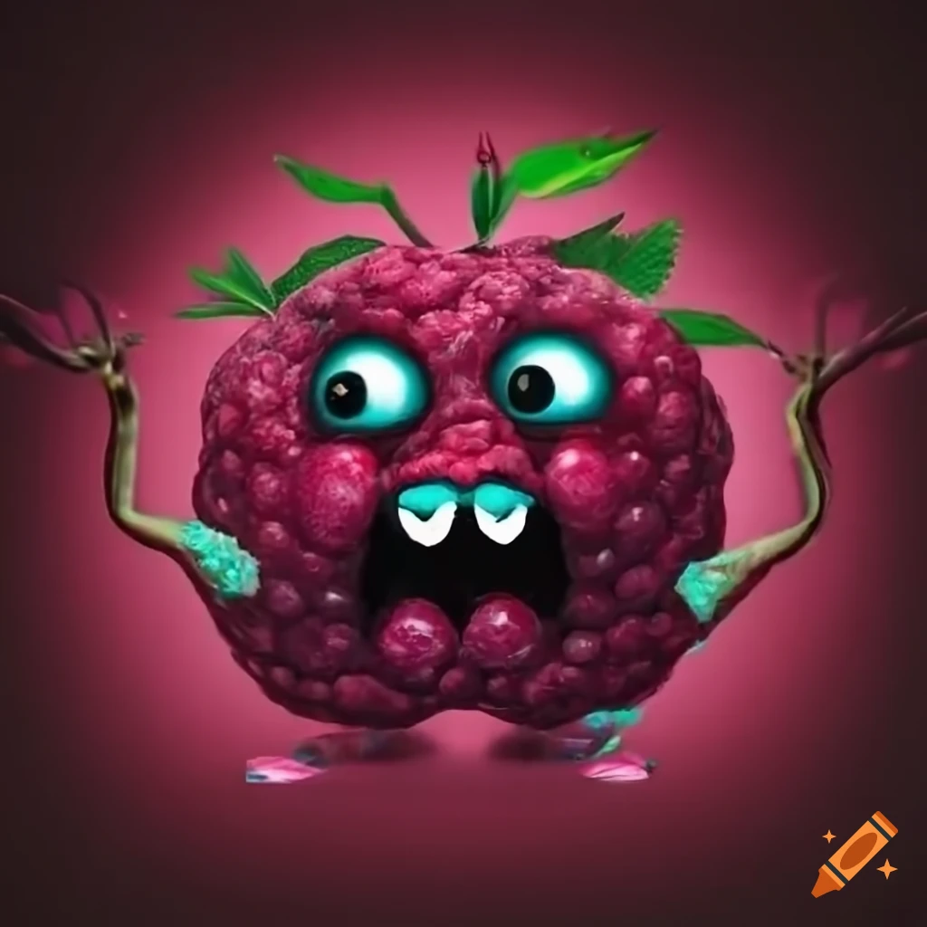 Humorous image of scared raspberry with computer on Craiyon