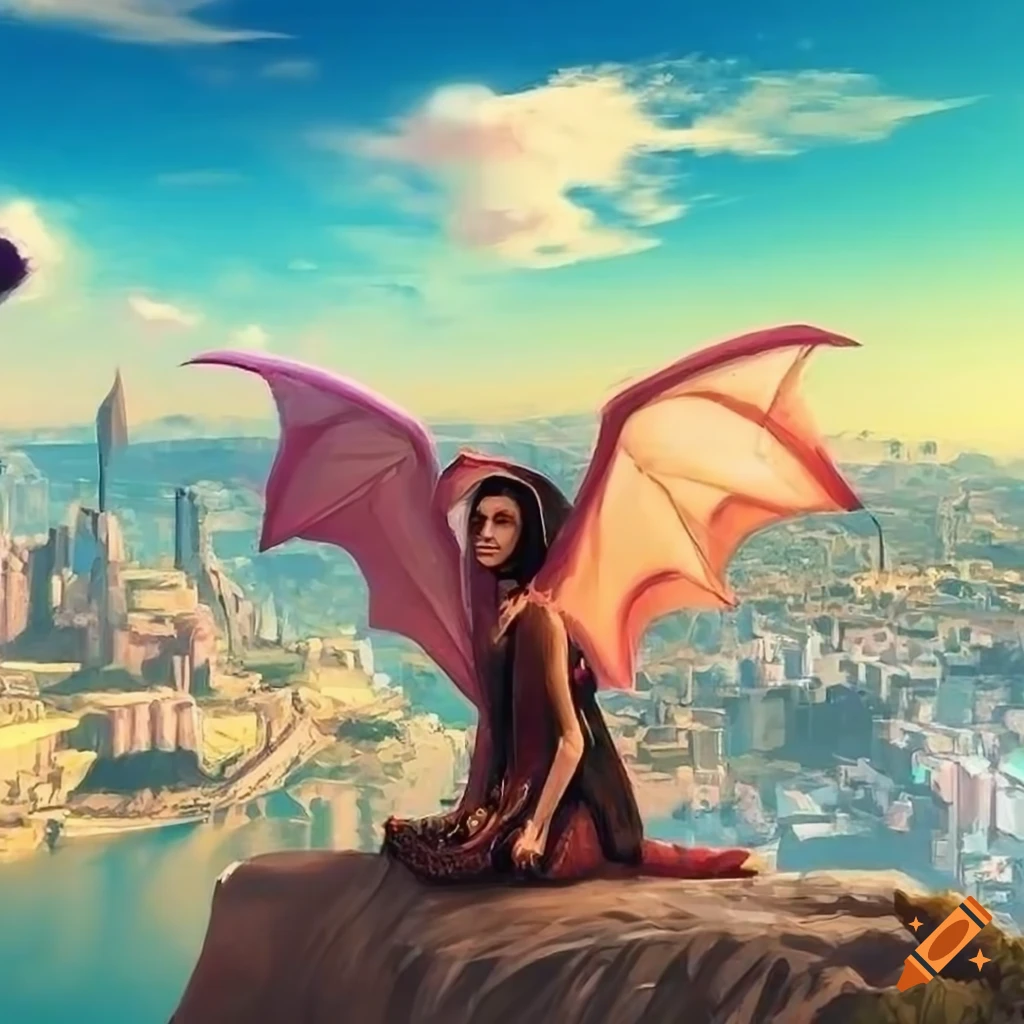 Digital artwork of a woman with bat wings overlooking a fantastical ...