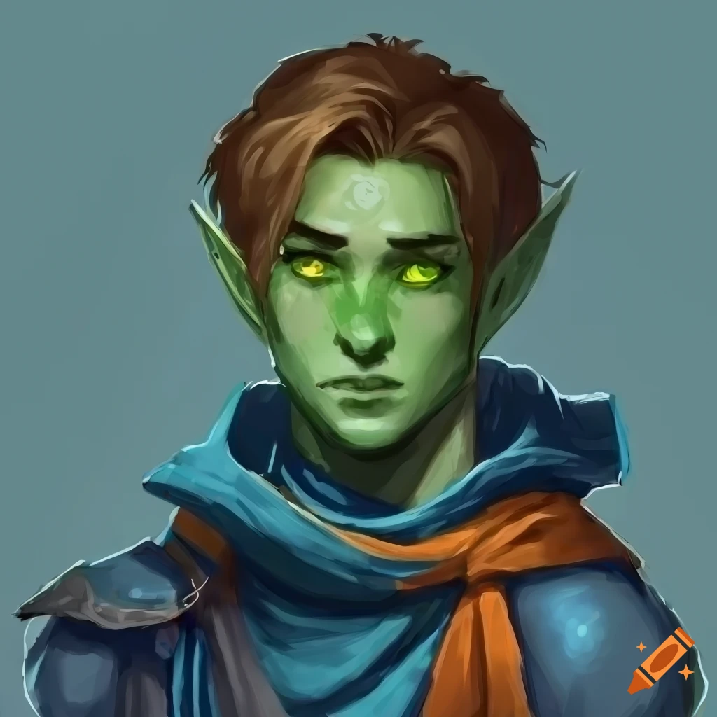 Concept art of a male dnd character with green skin and yellow eyes on ...