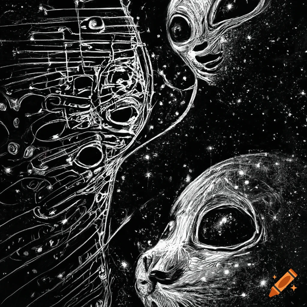 Sketch of an alien and cat making music in space on Craiyon
