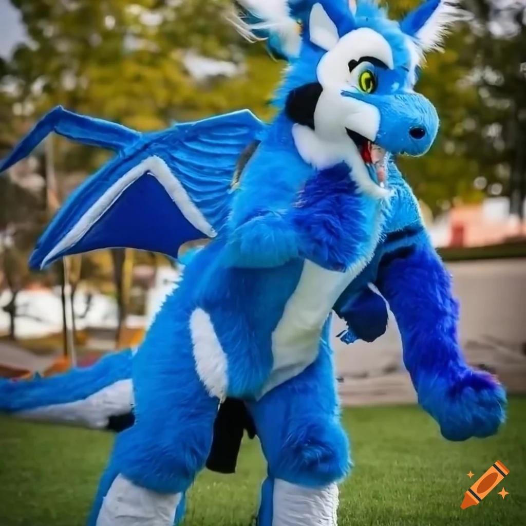 Photo of a realistic blue dragon fursuit with wings and tail on Craiyon