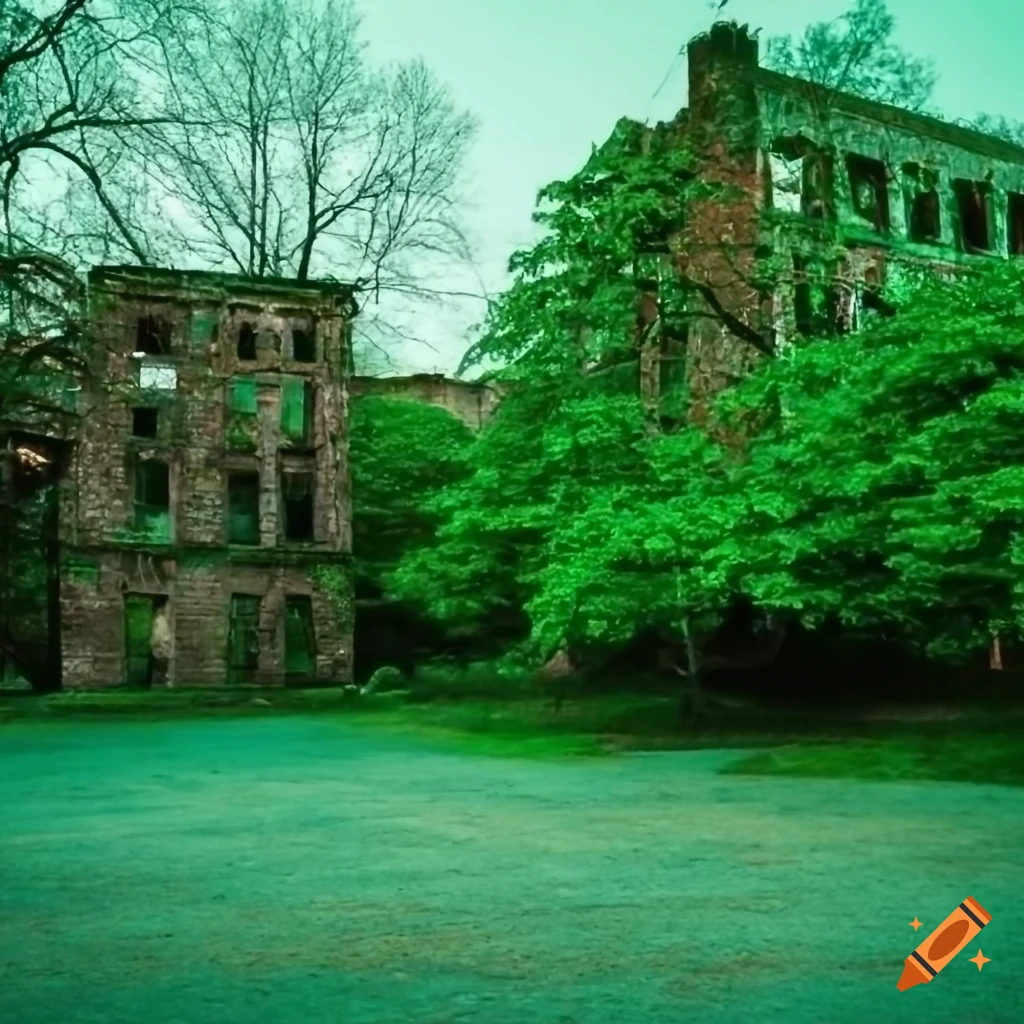 Vividly colored ruin of a municipal carpark surrounded by cherry trees ...