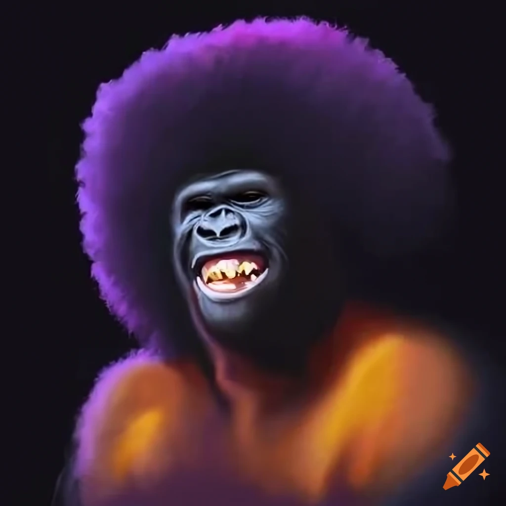 Hyper-realistic image of a dancing gorilla with afro hairdo on Craiyon