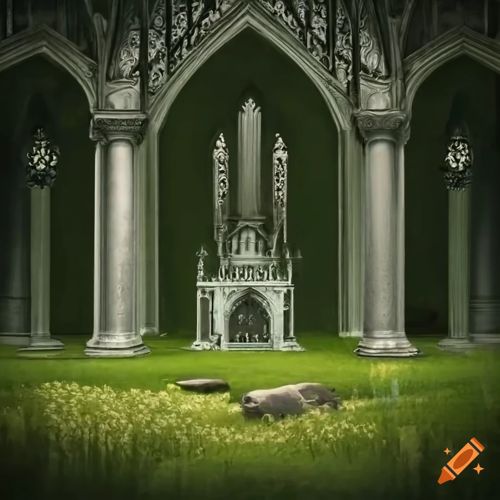 Gothic park with silver altar and pillars on Craiyon