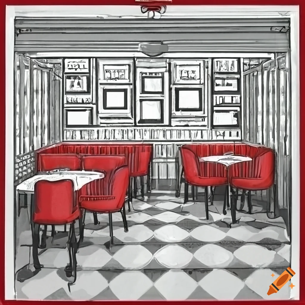 Empty diner with red booths and tables on Craiyon