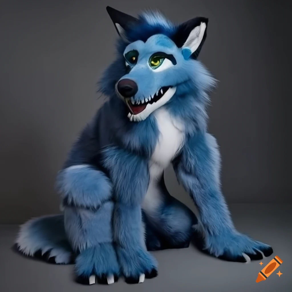 Wolf fursuit with dark blue fur and grey underbelly on Craiyon