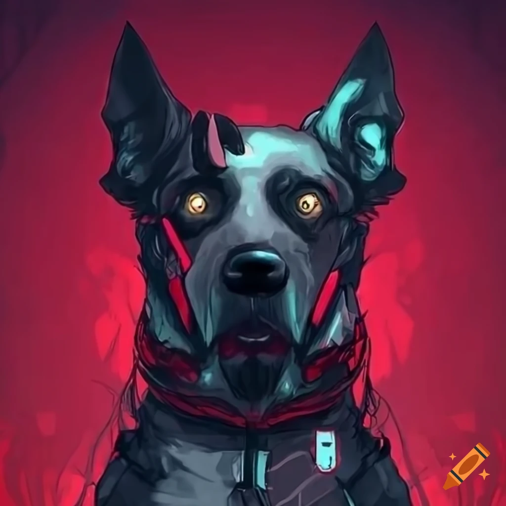 Cyberpunk-style fierce dog with black and red aesthetics on Craiyon