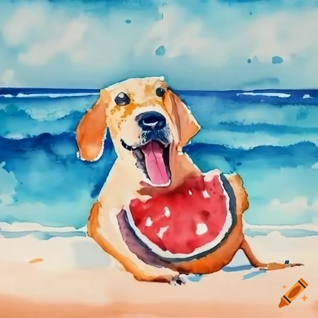 Perro disfrutando de la sandía en la playa on Craiyon