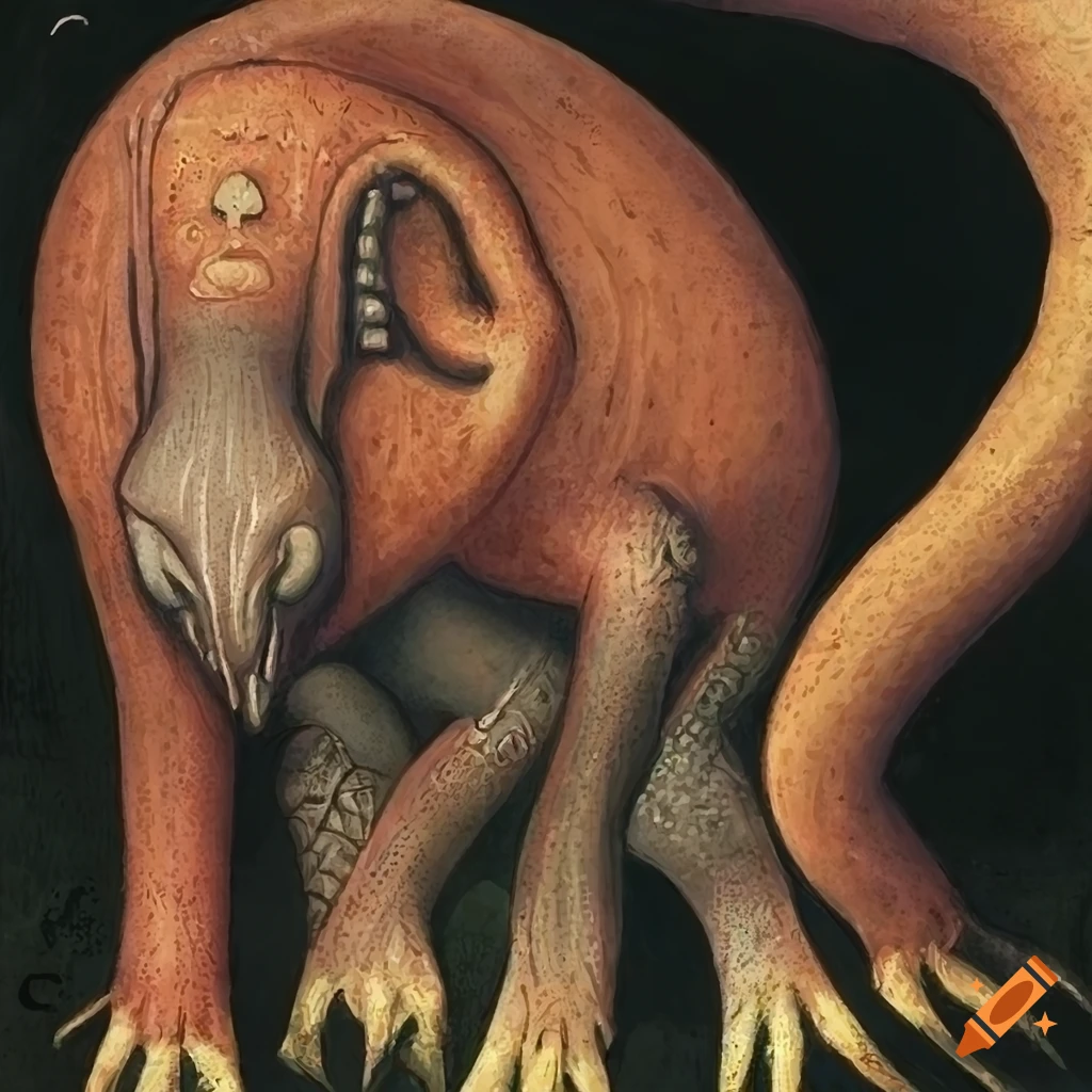 Color illustration of a fleshy quadruped with long teeth on Craiyon