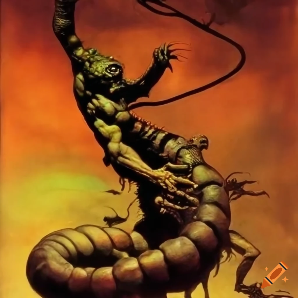 Detailed fantasy creature in Frank Frazetta art style on Craiyon