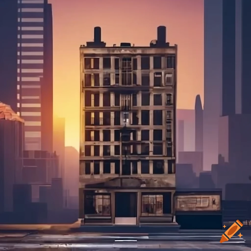 Front view of weathered and derelict buildings in GTA style on Craiyon