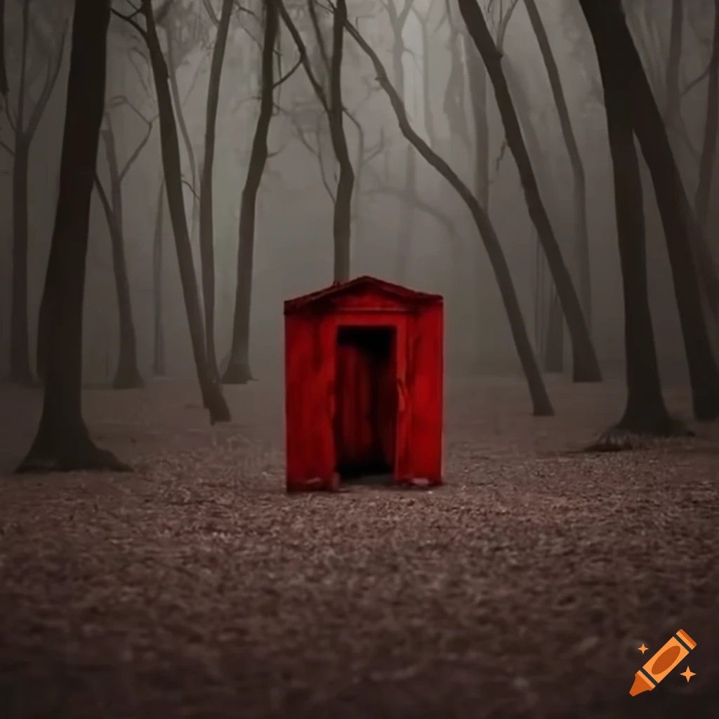 Creepy image of a red damaged wardrobe in a forest on Craiyon