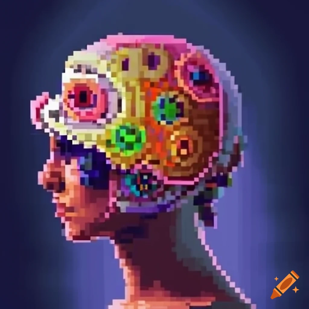 Pixel art of intricate headgear from the side on Craiyon
