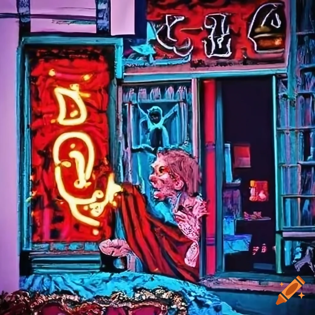 Neon sign of a psychic outside a mysterious storefront on Craiyon