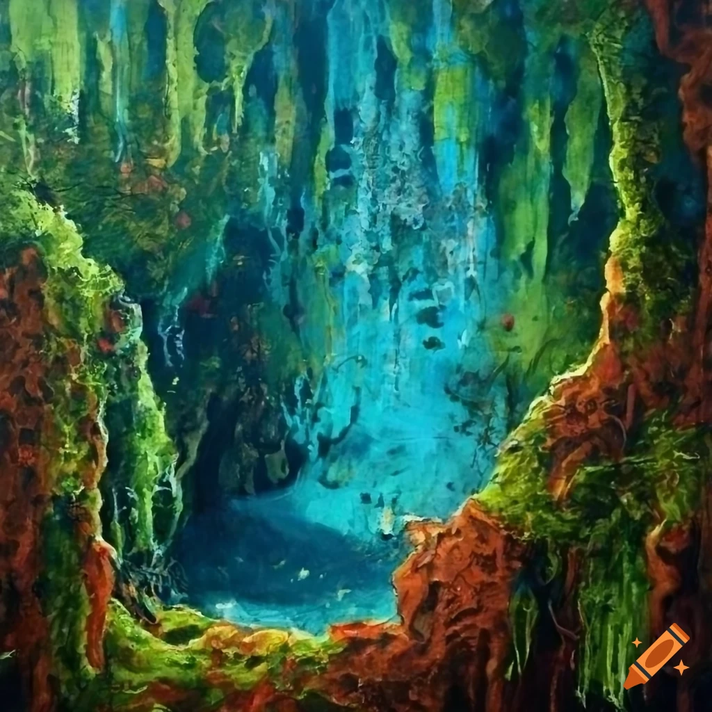 Painting of a moss-covered sinkhole in a forest on Craiyon