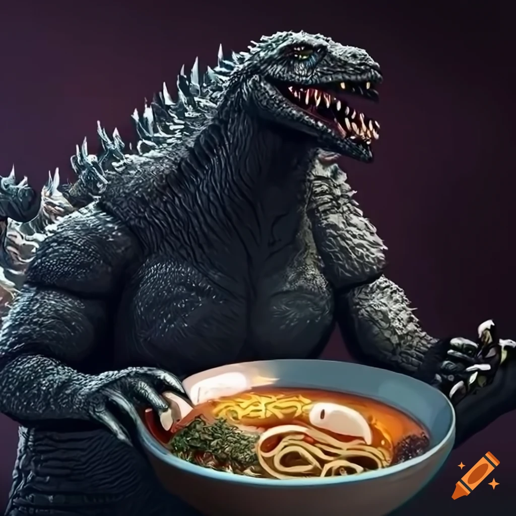 Realistic illustration of godzilla enjoying ramen on Craiyon