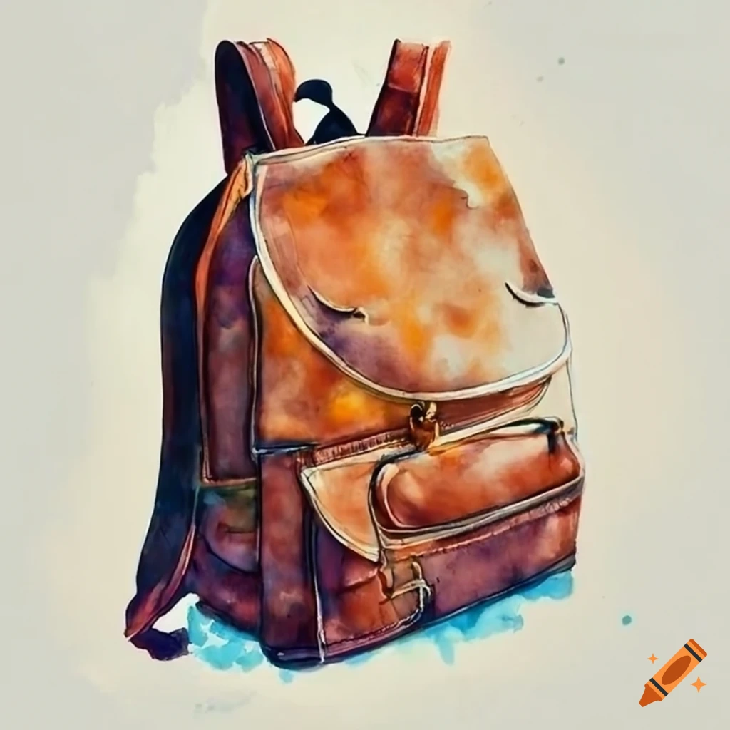 Watercolor artwork of a leather backpack on Craiyon