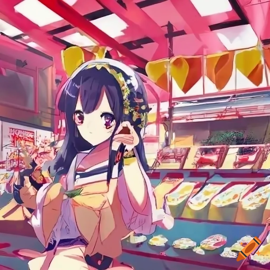 Anime-style illustration of a japanese festival stalls on Craiyon