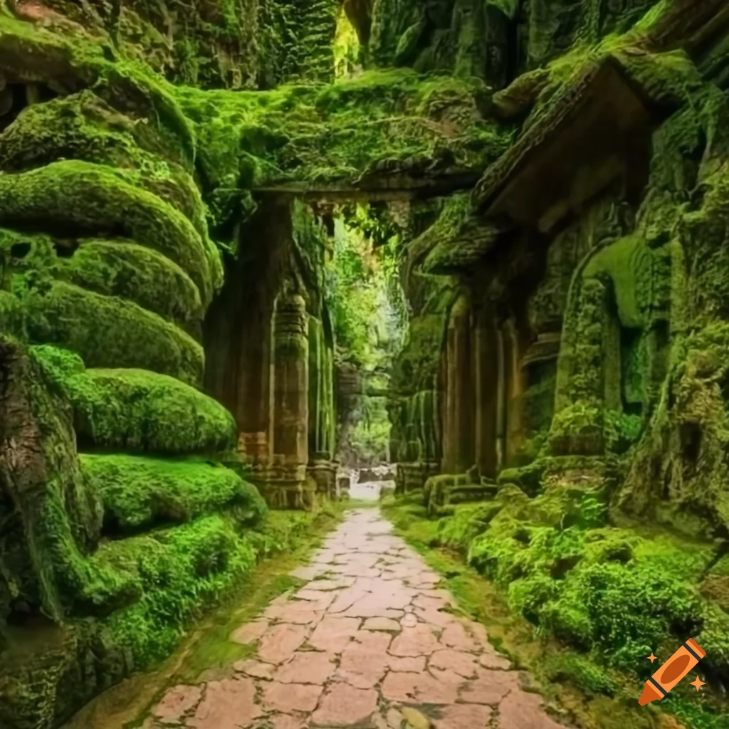 Overgrown ancient temple surrounded by nature