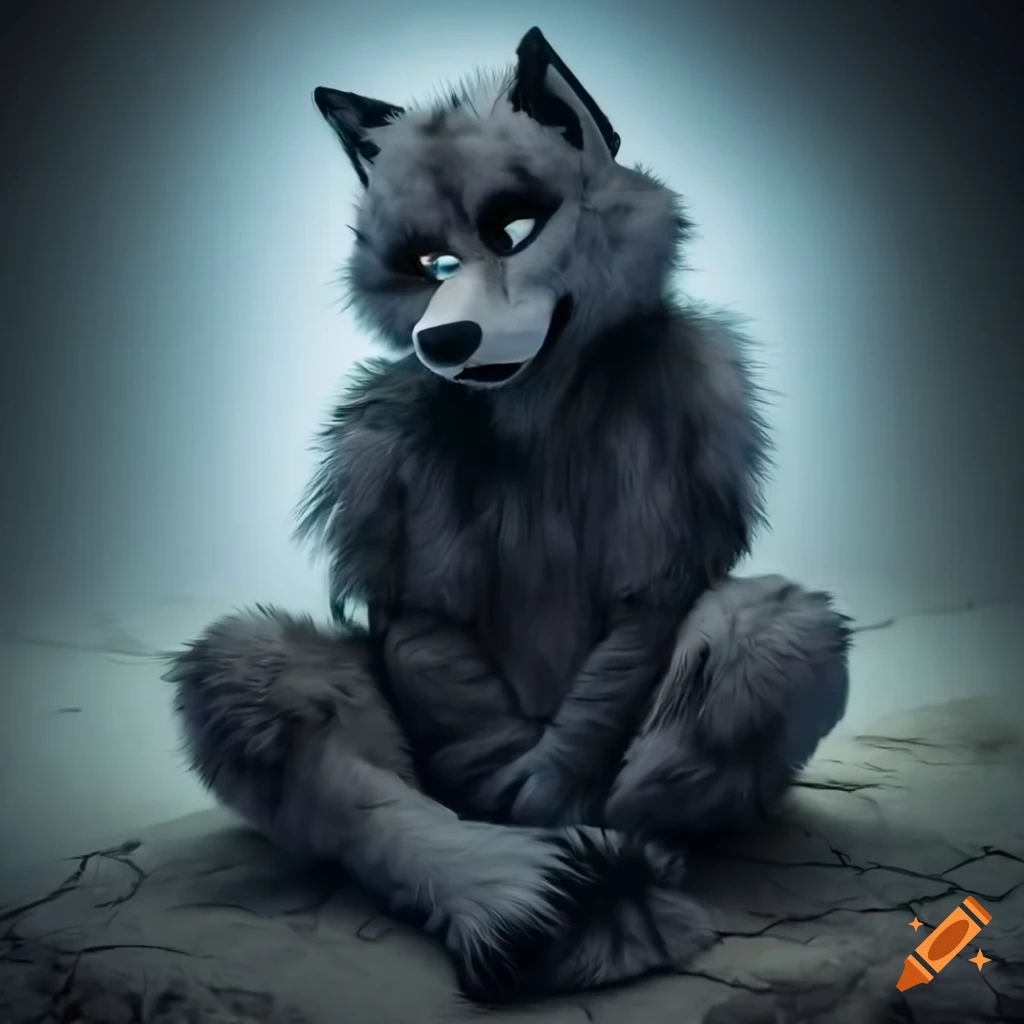 Hyper-realistic anthro wolf fursuit resting on the ground on Craiyon