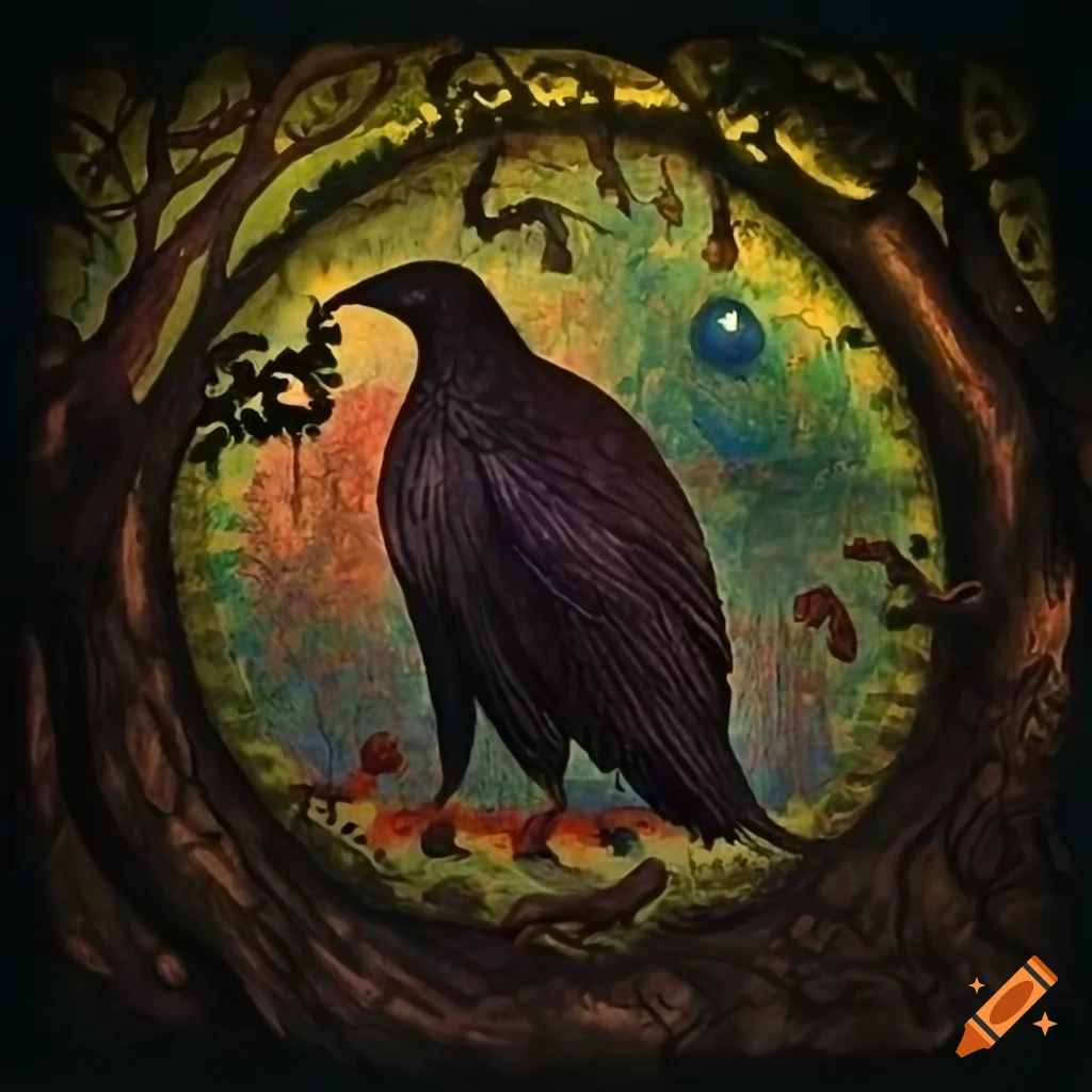 Artistic depiction of ravens, rabbits, dandelion trees, and mystic ...