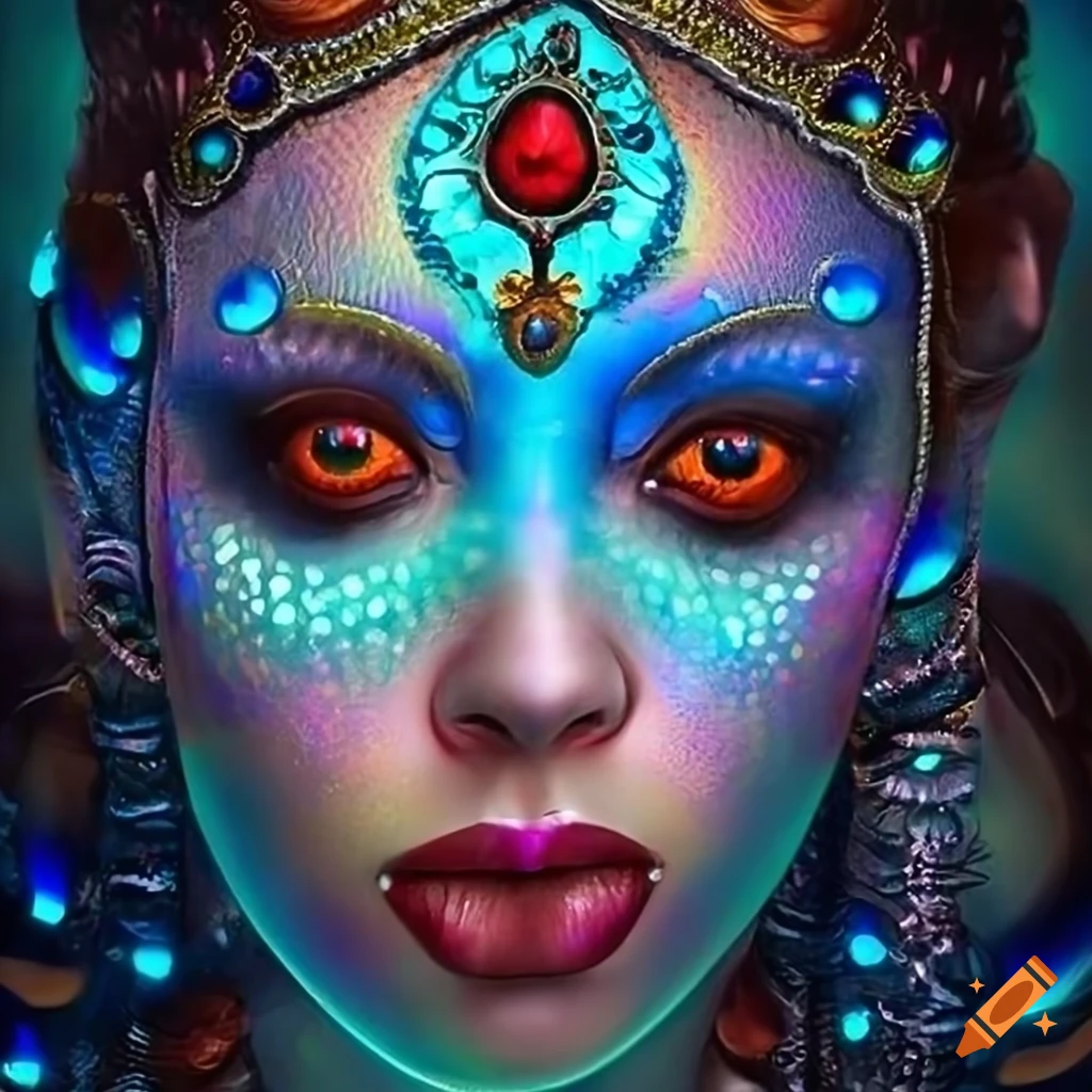 Stunning painting of a blue-skinned kali goddess with glowing golden fireflies on Craiyon