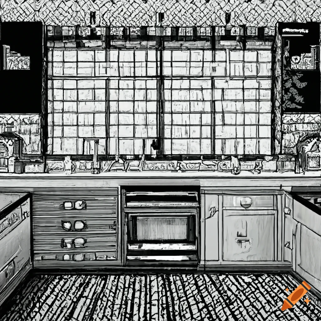 Front view of a pixel art kitchen