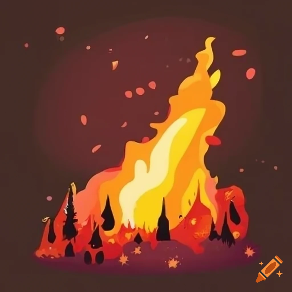 Cartoon illustration of a whimsical forest fire on Craiyon