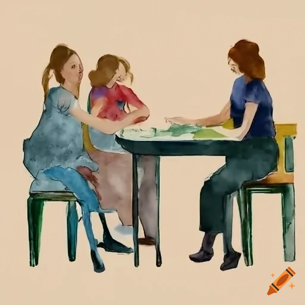 Group of people conversing at a school table on Craiyon