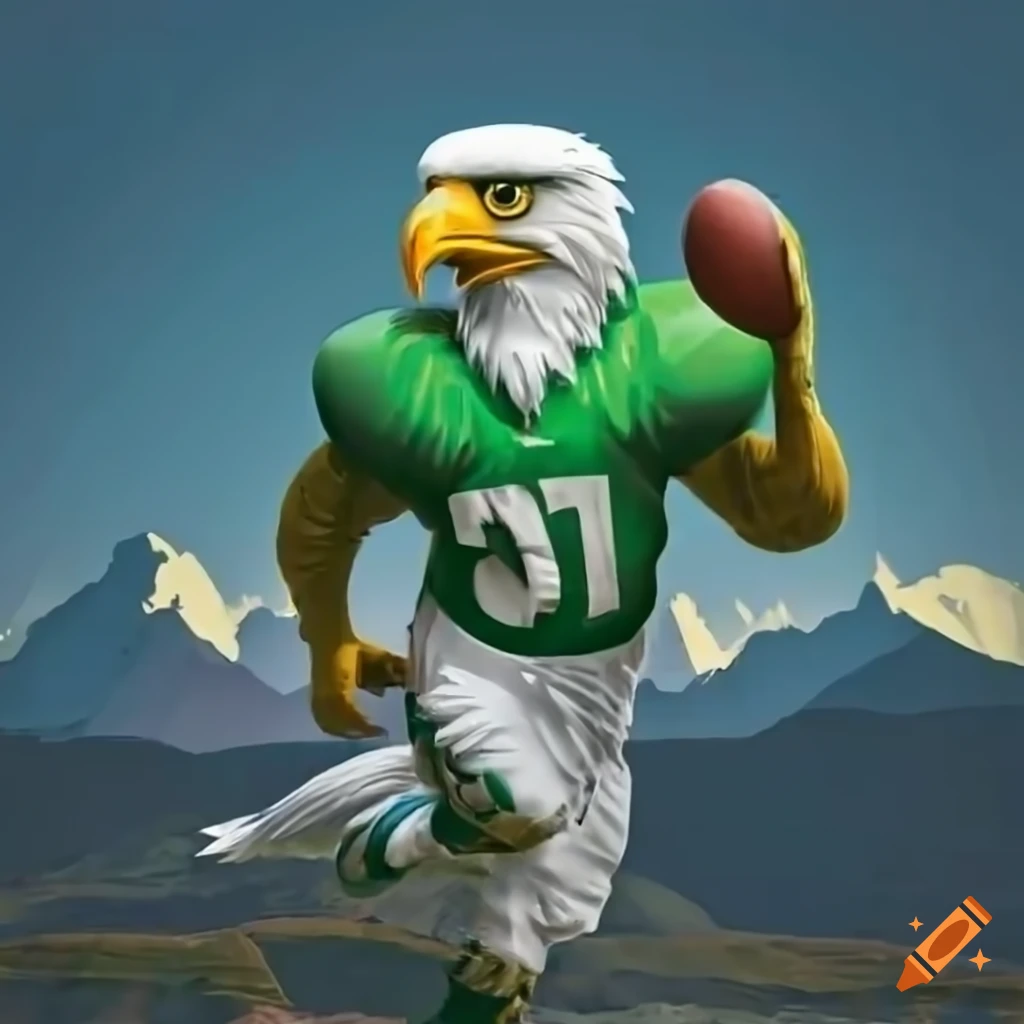 Eagle mascot running with a football in front of mountains on Craiyon