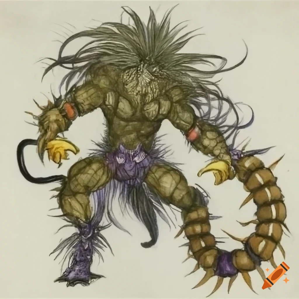 Illustration of a hairy centipede-based monster man on Craiyon