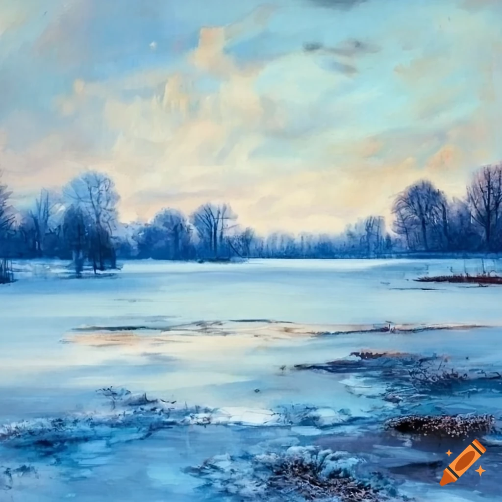 Frozen pond in winter landscape on Craiyon