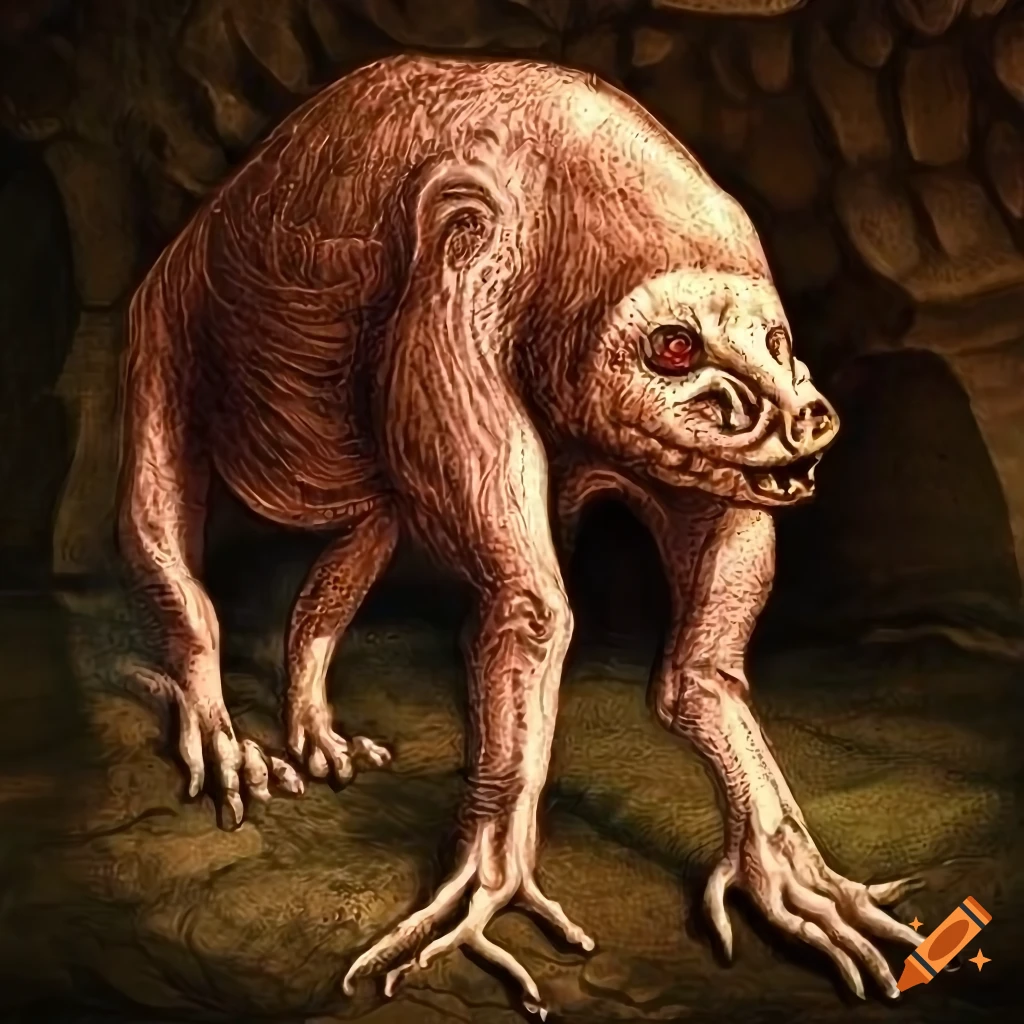 Color illustration of a fleshy quadruped with long teeth on Craiyon