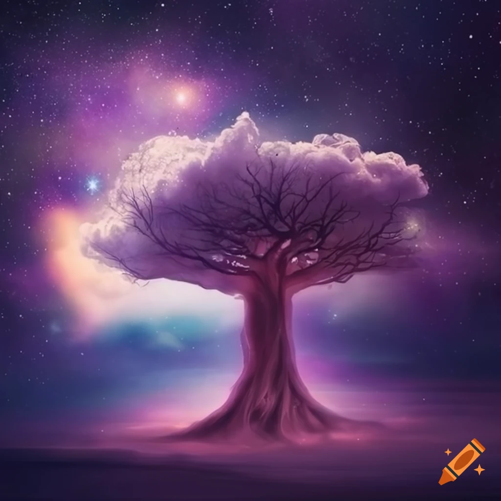 Artistic depiction of a magical tree and a woman surrounded by stars on ...