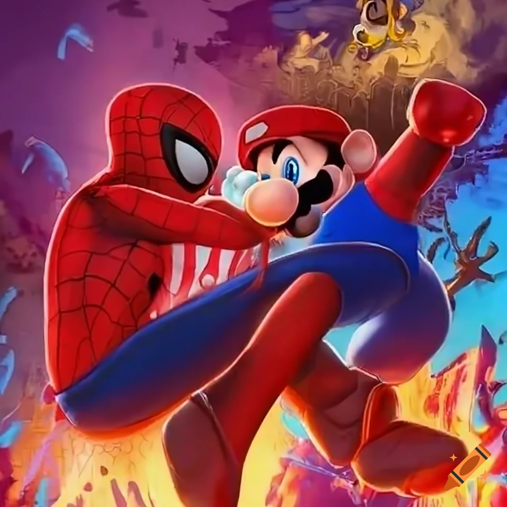 Artwork of mario and spiderman in a battle on Craiyon