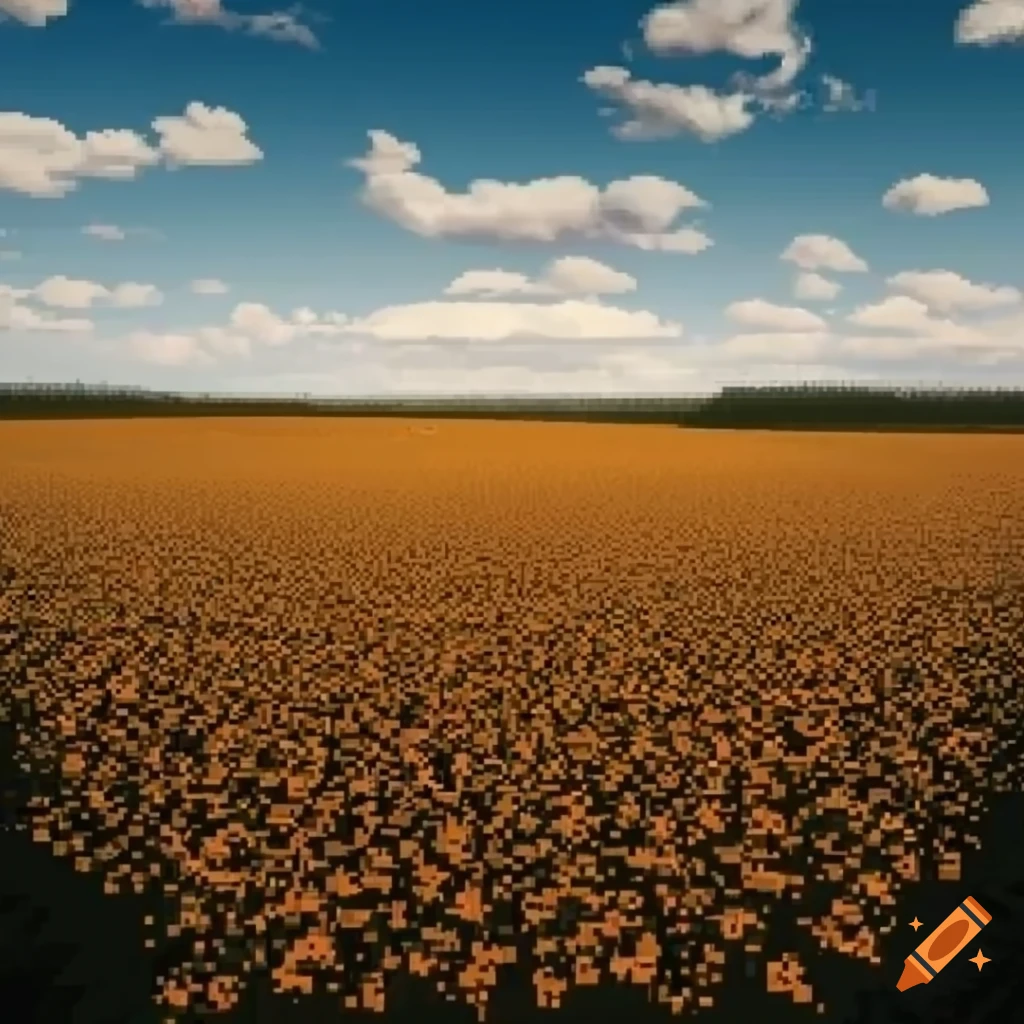Pixel art of a desolate field with dead flowers and cloudy sky on Craiyon