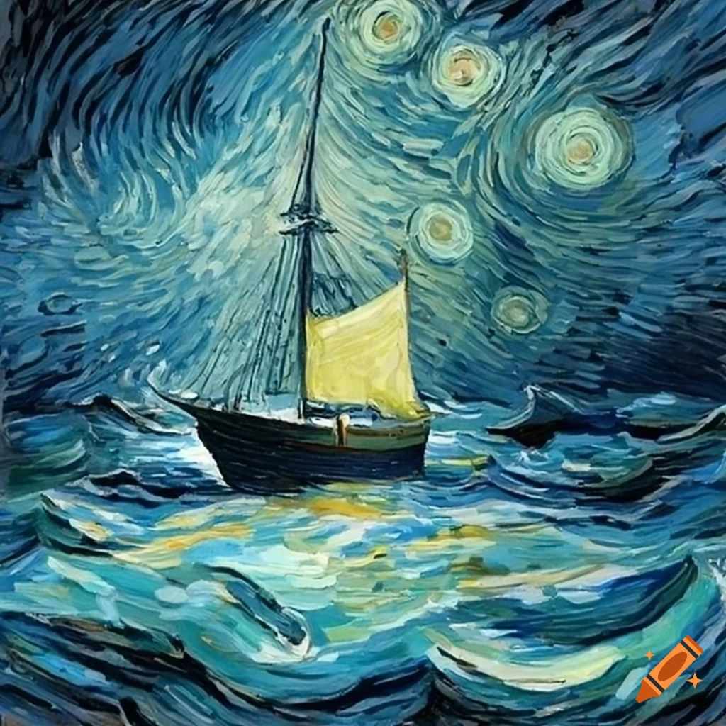Van Gogh-style painting of a sail boat in a stormy ocean on Craiyon