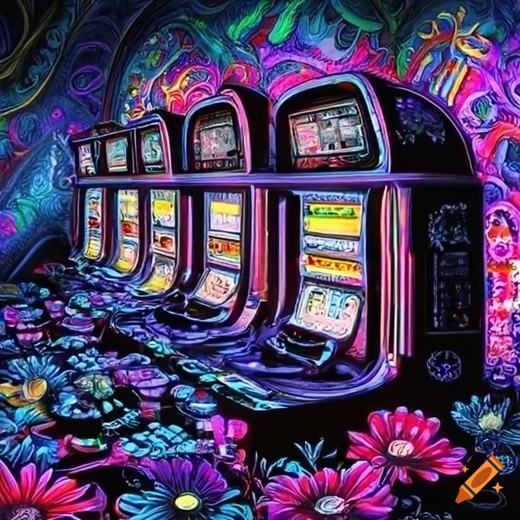 Casino with yin yang slot machines and psychedelic decorations on Craiyon