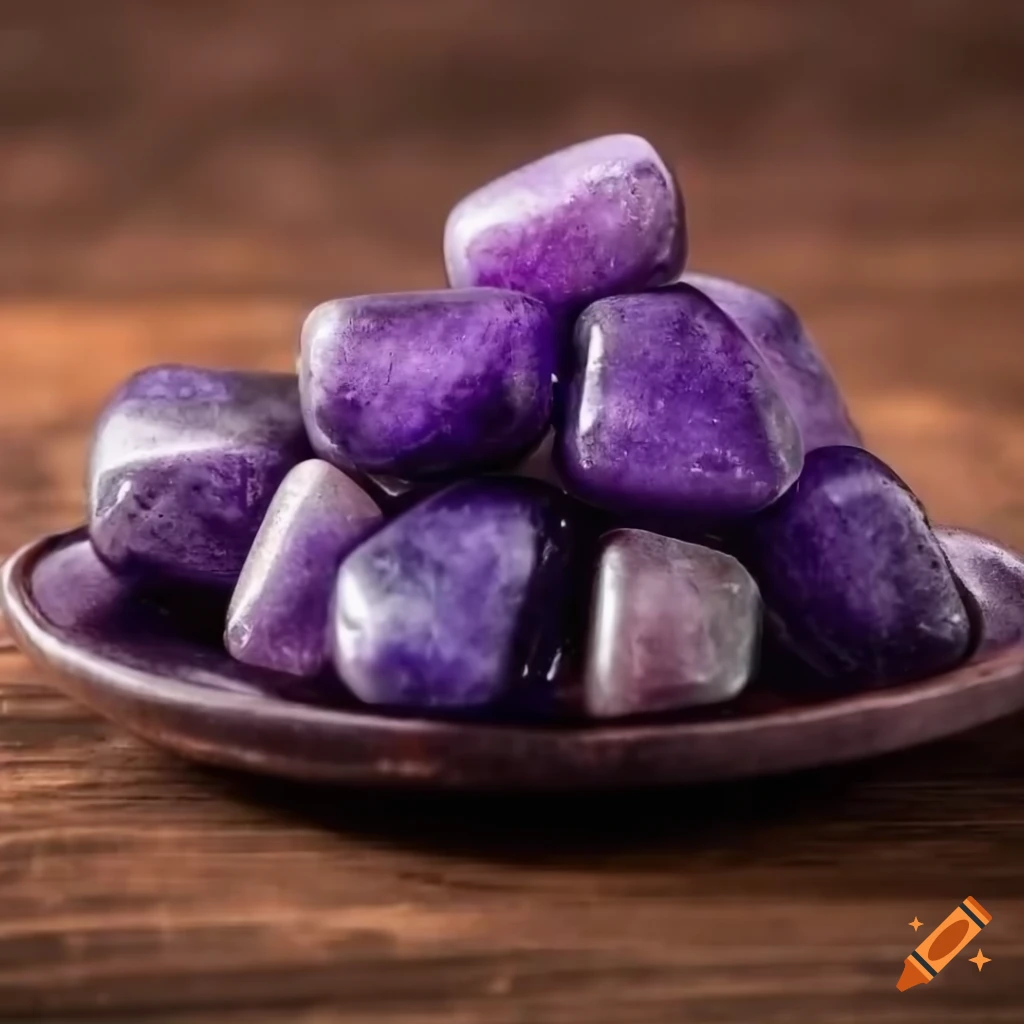 Chevron amethyst tumbled stone on a wooden table on Craiyon